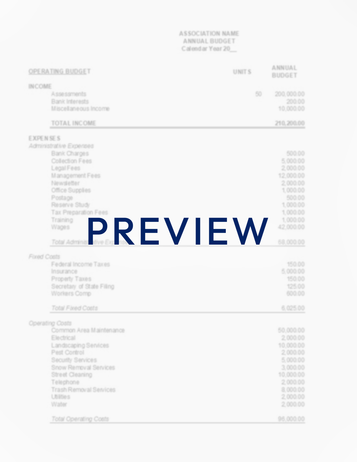 Free HOA Template - Annual Budget - PamCo